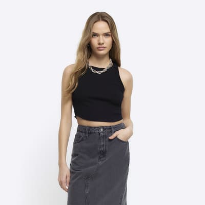 Black ribbed crop racer top | River Island