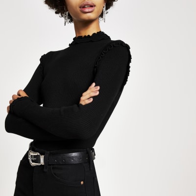 Black Ribbed Long Sleeve Frill High Neck Top River Island