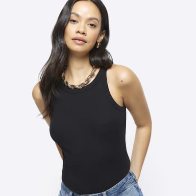 Black ribbed racer vest top | River Island