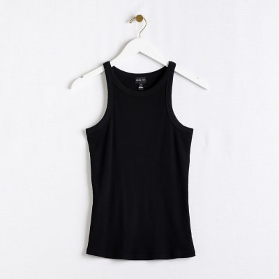 Black Ribbed Racer Vest Top River Island