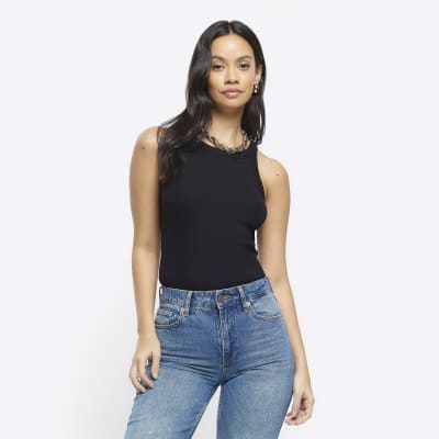 Black ribbed racer vest top | River Island