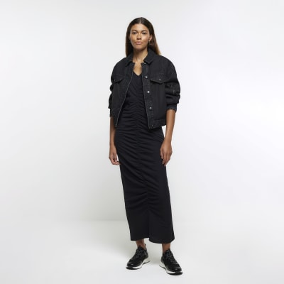 Black Ruched Bodycon Midi Dress River Island
