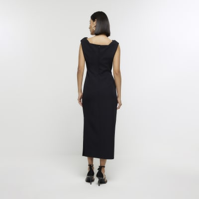 Black Ruched Bodycon Midi Dress River Island