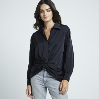 Black satin front knot blouse | River Island
