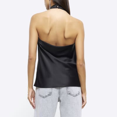 Black satin halter neck top | River Island