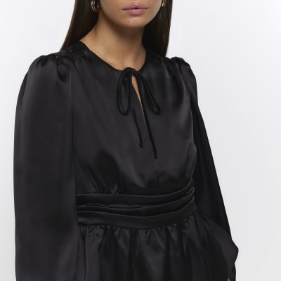 Black satin long sleeve blouse | River Island