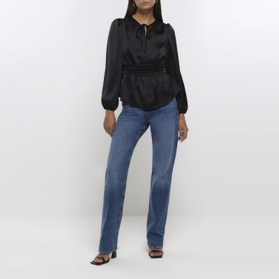 Black satin long sleeve blouse | River Island