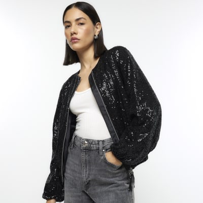 Black sequin bomber jacket | River Island