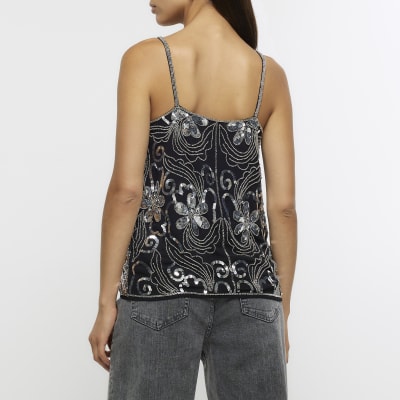 Black sequin floral cami top | River Island