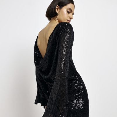 Black Sequin Shift Mini Dress River Island