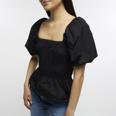 Black Shirred Bardot Top River Island