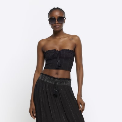 Black shirred metallic bandeau top | River Island