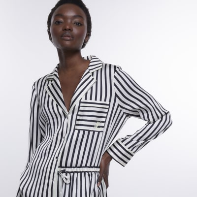 Black stripe satin pyjama top | River Island