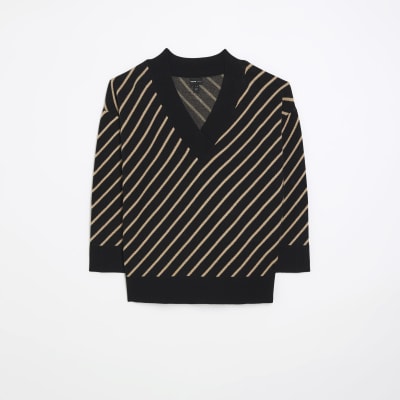 Black Stripe V Neck Jumper River Island