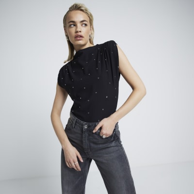Black studded shoulder pad top | River Island