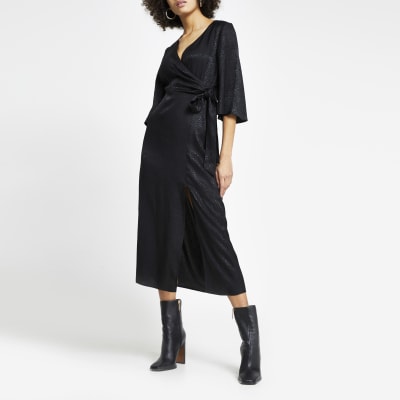Black wrap midi dress | River Island