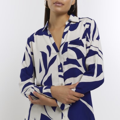 Blue abstract print open neck shirt | River Island