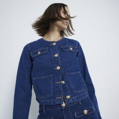Blue Dark Denim Cropped Trophy Jacket | River Island