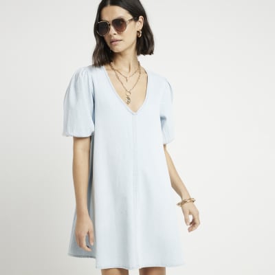 Blue denim puff sleeve smock mini dress | River Island
