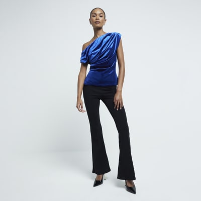 Blue Drape Velvet Top | River Island
