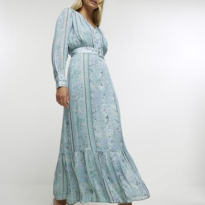 Blue Floral Belted Swing Midi Dress River Island