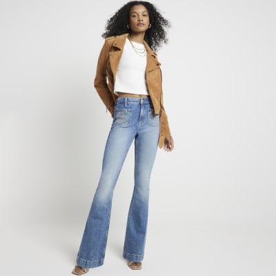 Blue high waisted embroidered flared jeans | River Island