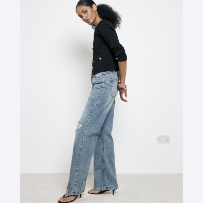 Blue high waisted relaxed straight rip jeans | River Island