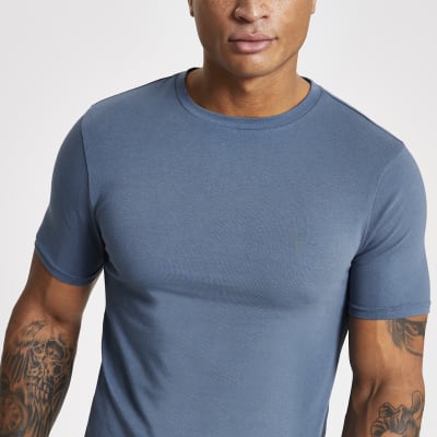 Blue Muscle Fit Crew Neck T Shirt River Island