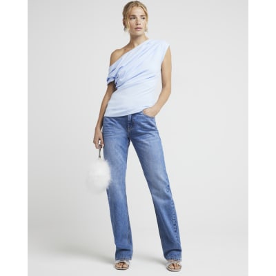 Blue Off Shoulder Drape Top | River Island