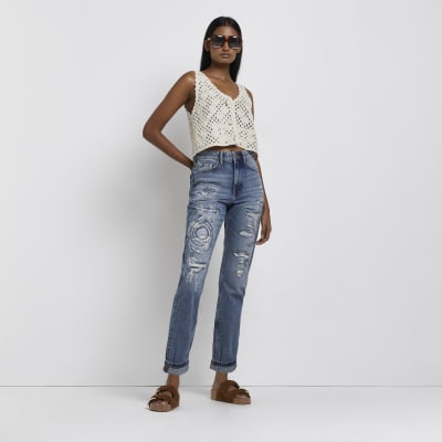 Blue Ripped High Waisted Mom Jeans River Island