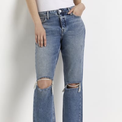 Blue ripped low rise straight jeans | River Island