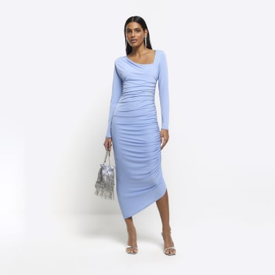 Blue ruched asymmetric bodycon midi dress | River Island