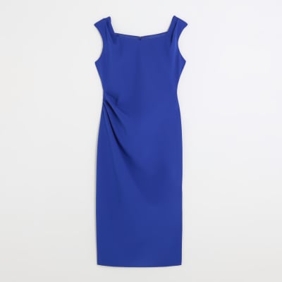 Blue ruched bodycon midi dress | River Island