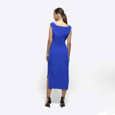Blue ruched bodycon midi dress | River Island