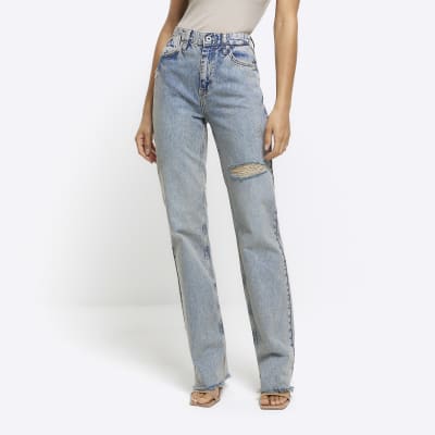Blue Stove Pipe Straight Ripped Jeans River Island