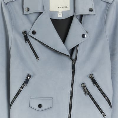 Blue suedette crop biker jacket | River Island