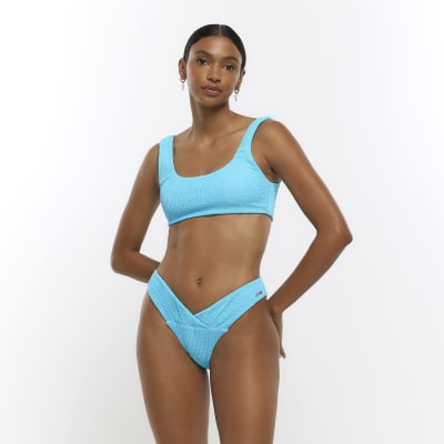 Blue Textured Cami Bikini Top River Island