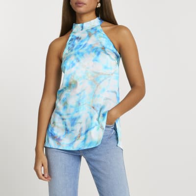 Blue Tie Dye Halter Neck Top River Island