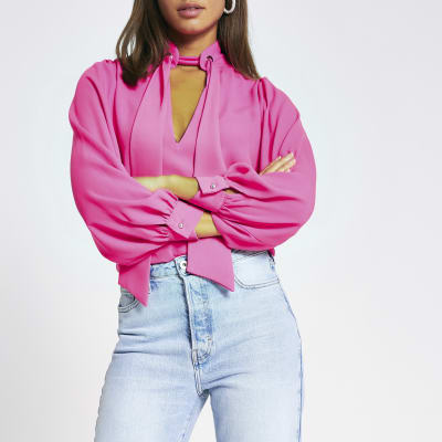 Bright Pink Eyelet Tie V Neck Blouse River Island
