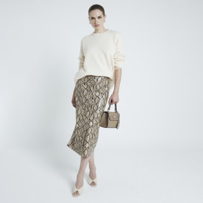 Brown faux leather snake print midi skirt | River Island