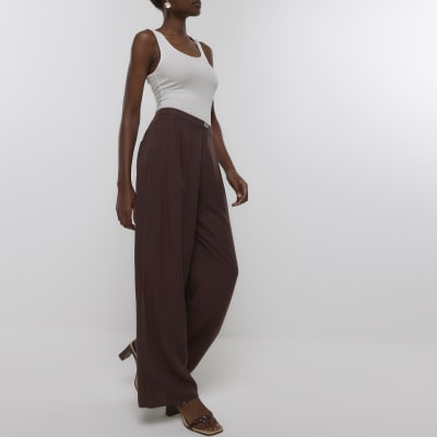 Brown Pleated Wide Leg Trousers With Linen River Island