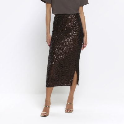 Brown Sequin Midi Skirt River Island