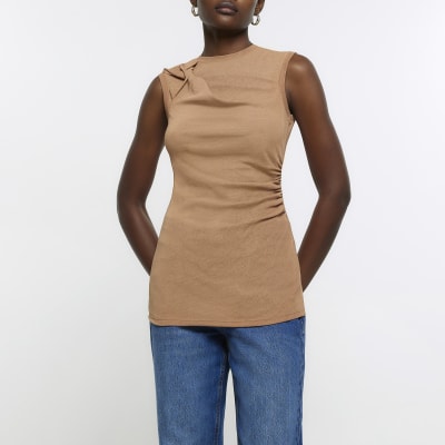 Brown twist tank top | River Island