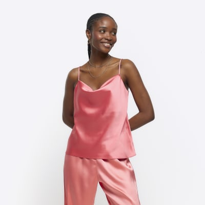 Coral satin cowl neck cami top | River Island