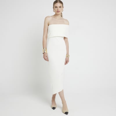 Cream asymmetric bodycon midi dress | River Island