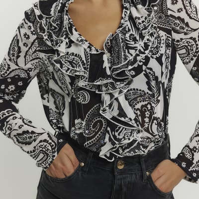 Cream Floral Frill Long Sleeve Blouse River Island