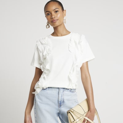 Cream frill front t-shirt | River Island