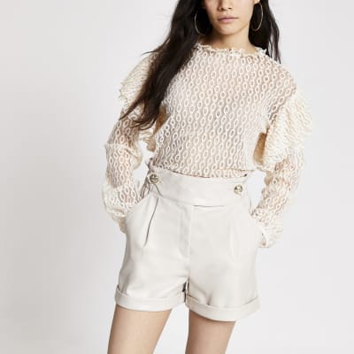 Cream Lace Long Sleeve Frill Shoulder Top River Island