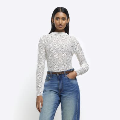 Cream Lace Long Sleeve Top River Island