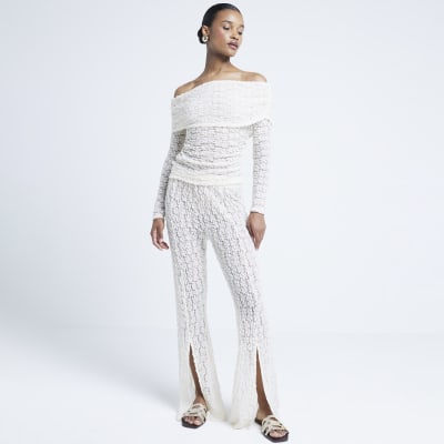 Cream Lace Split Front Trousers | River Island
